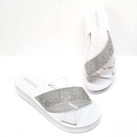 Shoes | New White Rhinestone Platform Slides Foam Sandals | Poshmark